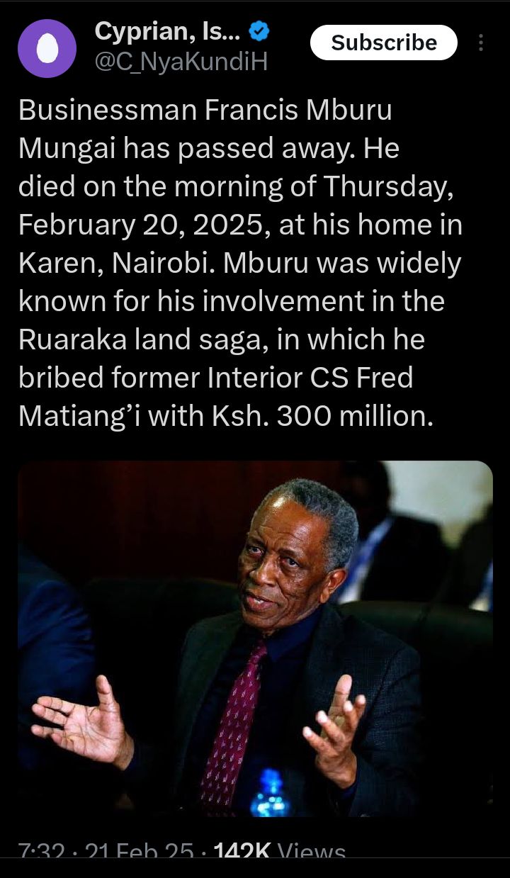 Man who facilitated Matiang’i – Ruaraka Land scandal is dead – 254 News
